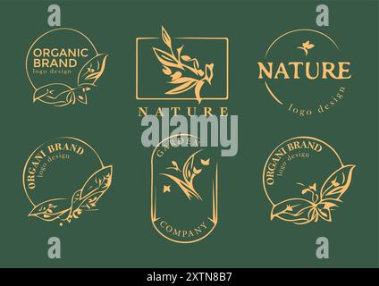 Organic and Nature-Themed Logos with Elegant Gold Leaf Designs Stock ...