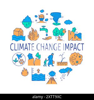 Climate change impact round banner. Global warming consequences. Vector ...