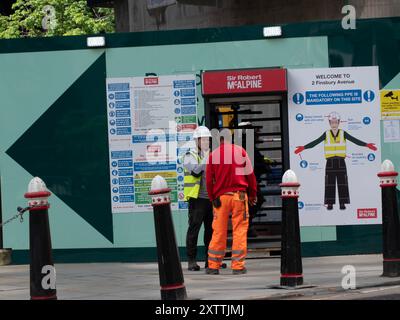 Building site, Worksite entrance and exit in Finsbury Avenue leading to ...