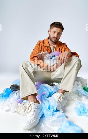 Young man holding plastic bags isolated on white Stock Photo - Alamy