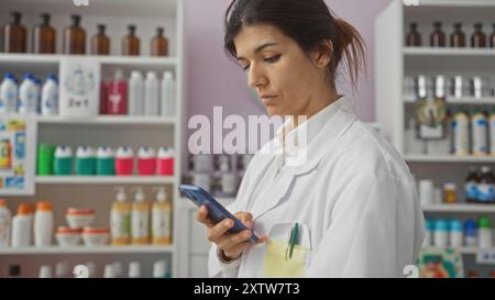 Young beautiful hispanic woman pharmacist counting dollars using ...