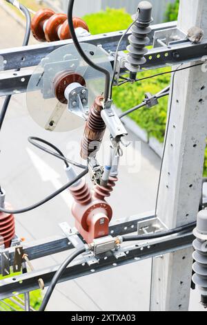 Concrete pole with high voltage three phase power line Stock Photo - Alamy