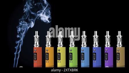 Eight multicolored electronic cigarettes and smoke, isolated on white ...