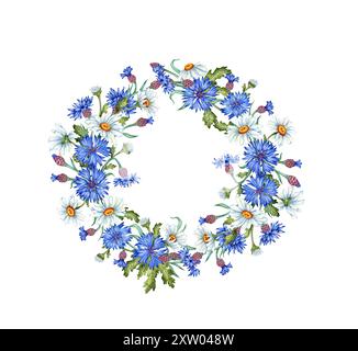 Wildflower chamomile flower wreath in a watercolor style isolated. Full ...