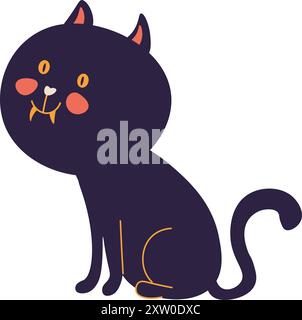 Illustration of a black cat with vampire teeth in a flat cartoon style ...