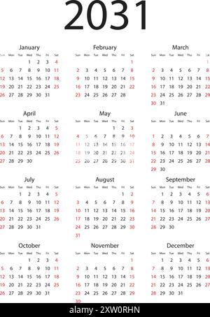 Simple vector calendar on 2031. Start from Sunday Stock Vector Image ...