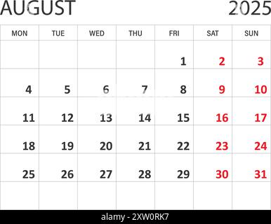 Horizontal planner for August 2025 in the orange color scheme. The week ...
