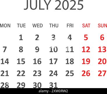 July 2025 simple calendar planner, week starts from Monday. Vector ...