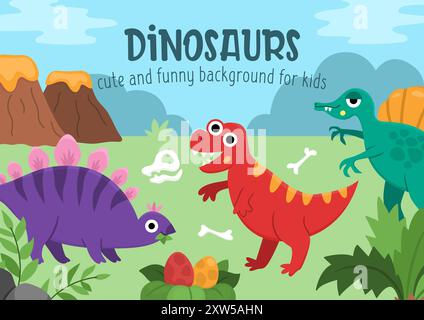 Dinosaurs at erupting volcano landscape. Prehistoric volcanic eruption ...