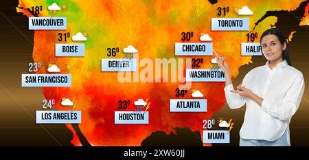 Weather broadcaster presenting forecast against map of Europe Stock ...