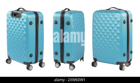 Set of light blue suitcase on white background, view from different ...