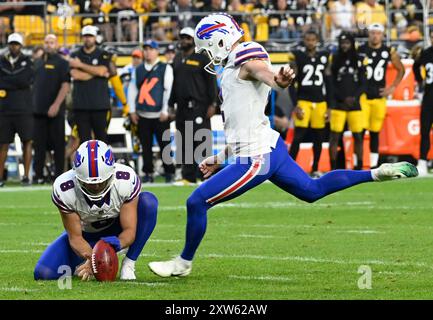 Buffalo Bills kicker Tyler Bass (2) kicks off against the Denver ...