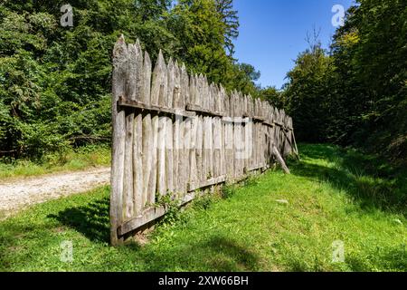 wooden palisades at the safety wall Limes in Bad Homburg to protect the ...