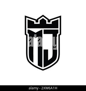 MJ Letter logo with shield shape inside shield badge crown on white ...