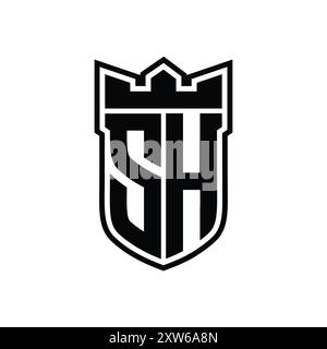 SH Letter logo with shield shape with geometric crown inside white ...