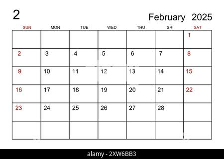 February 2025 calendar template on white paper background Stock Photo ...