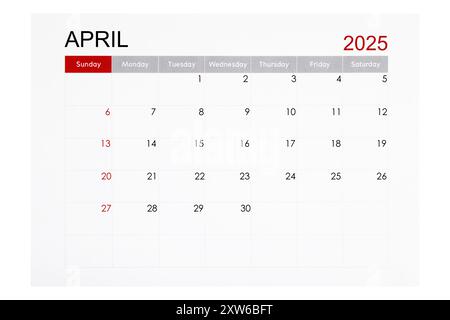 April 2025 monthly calendar page isolated on white background, Saved ...