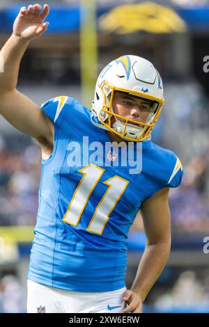 Los Angeles Chargers kicker Cameron Dicker (11) lines up to kick a ...