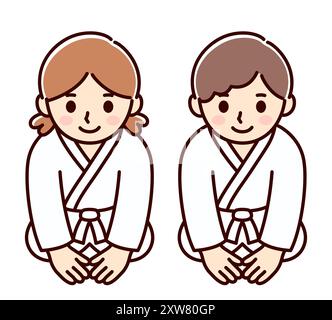 Cute cartoon kids in martial arts uniform (gi) sitting on the floor ...