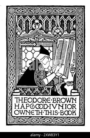 1890s medieval man reading bookplate for Norris Hastings Laughton by ...