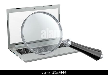 Laptop with magnifier glass, 3D rendering isolated on white background ...