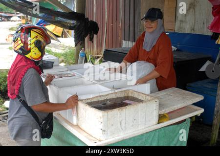 Muslim lady selling fish, Bongkud, Ranau, Sabah, Malaysia Stock Photo ...