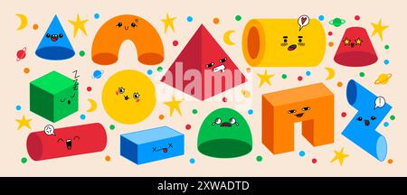 Set of smiling geometric figures. Comic cartoon characters for children ...