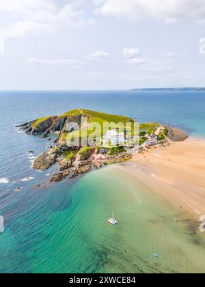 Burgh Island, UK. 18 August 2024. Aerial view over Burgh Island in ...