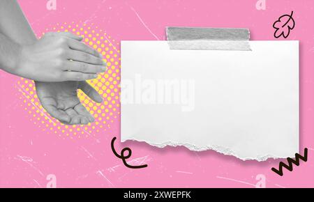 Art collage, clapping palms on blue background with space for text ...