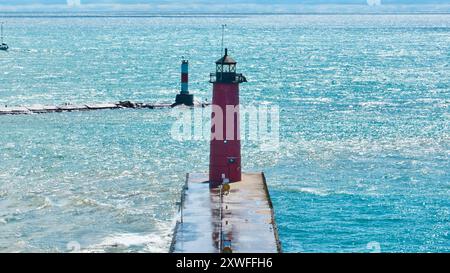 Aerial View of Dual Lighthouses on Lake Michigan Coastline Stock Photo ...