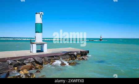 Aerial View of Dual Lighthouses on Lake Michigan Pier Stock Photo - Alamy