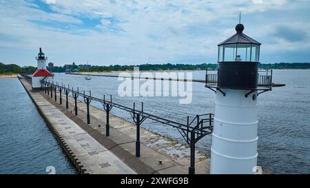 Aerial View of Twin Lighthouses on Tranquil Lake Michigan Pier Stock ...