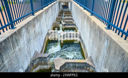 Aerial View of Concrete Fish Ladder in Park with Blue Railings Stock ...