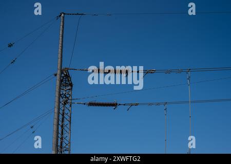 High power lines terminating to a ground station Stock Photo - Alamy
