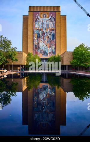 Notre Dame Reflection Pool with Mural and Crane at Daytime Eye-Level ...