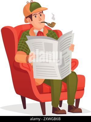 Cartoon detective character reading newspaper in park. Vector of ...