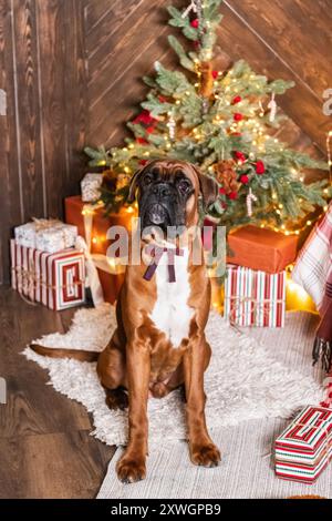 Holiday studio photography of a boxer dog with Christmas theme Stock ...