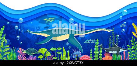 Cartoon aquatic dinosaurs cute characters. Megalodon Ophthalmosaurus ...