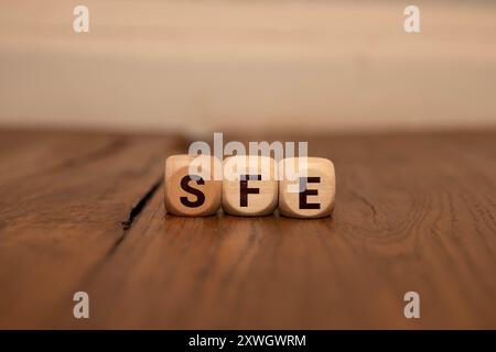 SFE text as symbol on cube wooden blocks, light blue background Stock ...