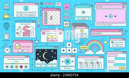 Retro web pages. 80s old style ui template web design elements buttons ...