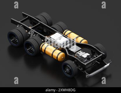 FCV Semi truck chassis on white background. Fuel cell system with fuel ...