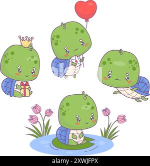 Cute princess turtle with gift. Funny little cartoon kawaii character ...