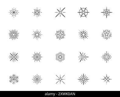 Outline starry sparkles and twinkles icons isolated on white background. Brightening flash ...