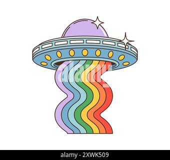 Retro groovy hipster UFO with rainbow rays. Psychedelic hippie flying ...