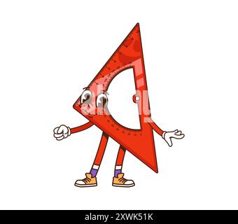 Cartoon groovy ruler school character waving hand, ready to measure and ...