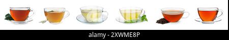 Different types of tea in glass cups isolated on white, set Stock Photo ...