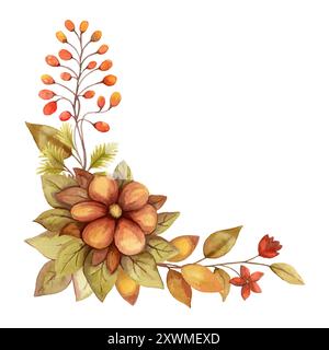 Watercolor autumn floral composition with berries, fall leaves, dahlia ...