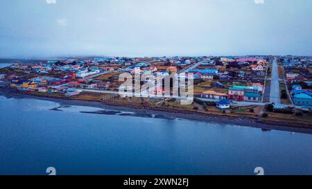 Aerial View to the Evening Porvenir on the island of Tierra del Fuego ...