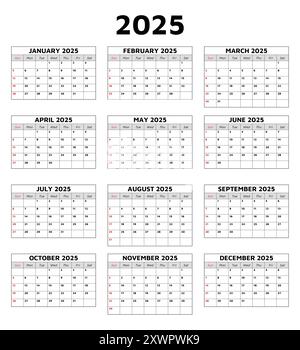 Simple editable vector calendars for year 2024, 2025, 2026. Week starts from Sunday. Vertical ...