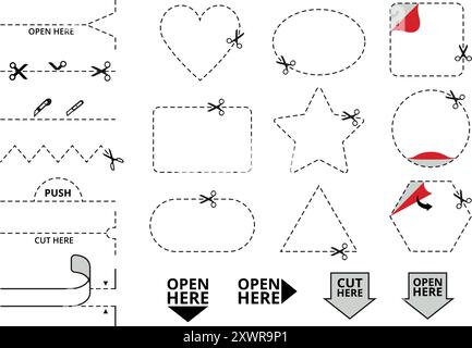 Vector set of Open here label, Tear stripe, Push sign, Cut line, Rotate ...